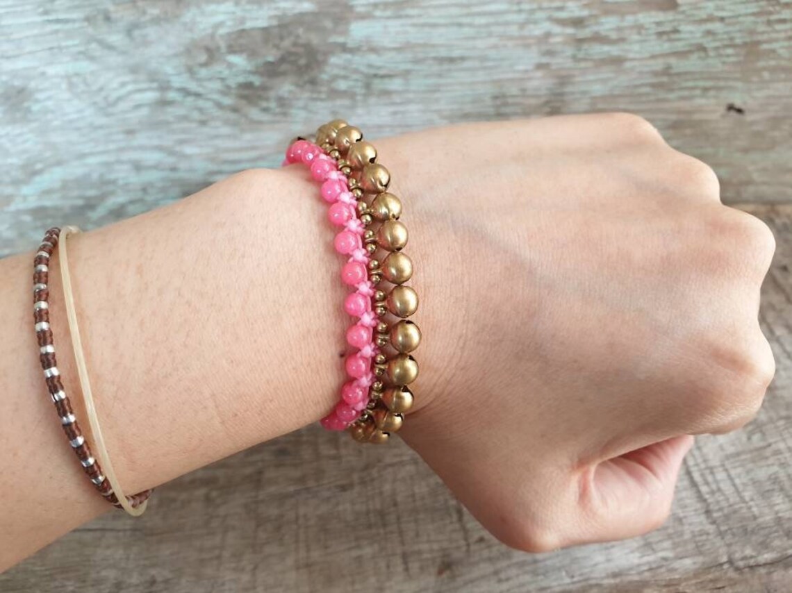 Pink Agate Beaded Brass Bells Sweet Bracelet, Girls Anklet, Sweet ...