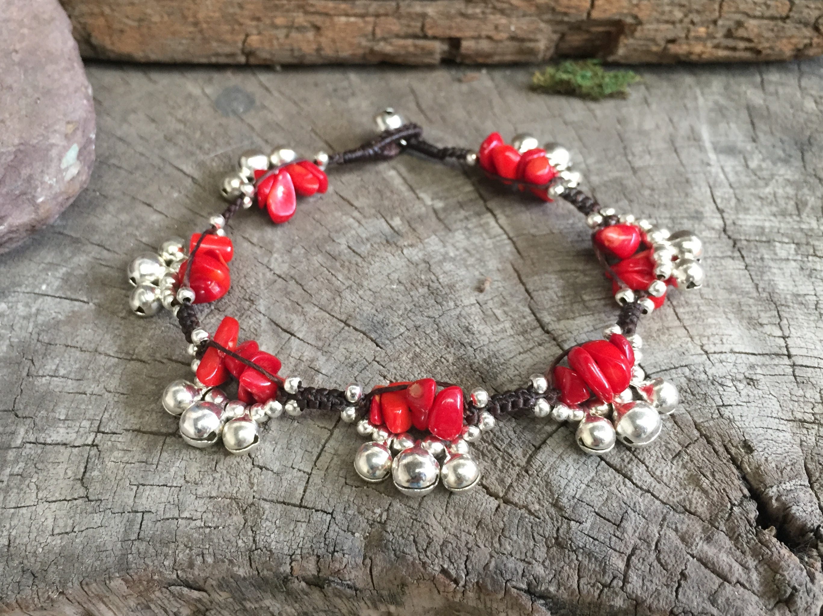 Coral Chip Stones Silver Bells Group Anklet Wedding Women | Etsy