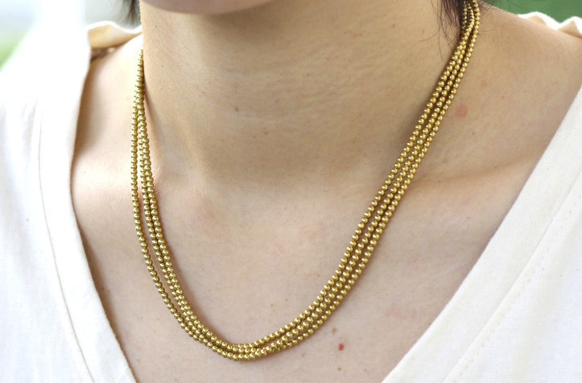 Unisex Triple Chains Brass or Silver Beaded Necklace Simple | Etsy