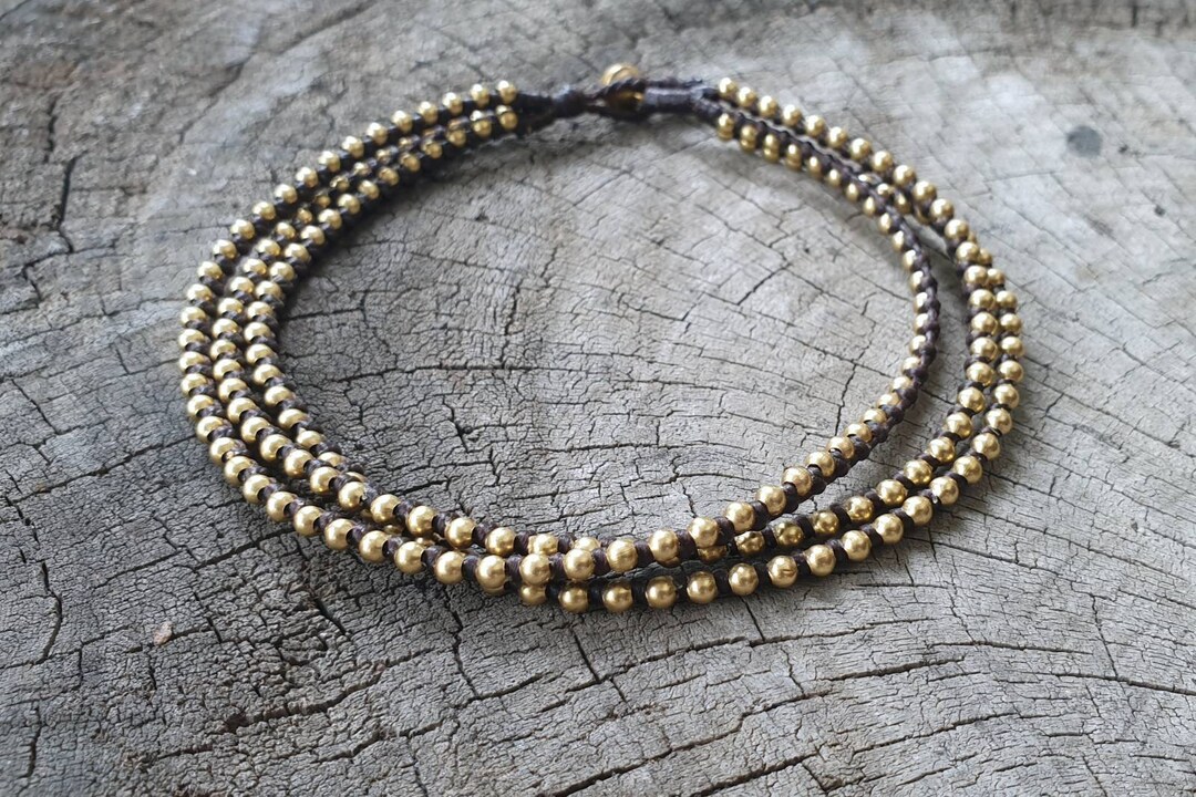 Triple Brass Beaded Unisex Anklet, Brass Beadrd Bracelet, Hippie Ankle ...