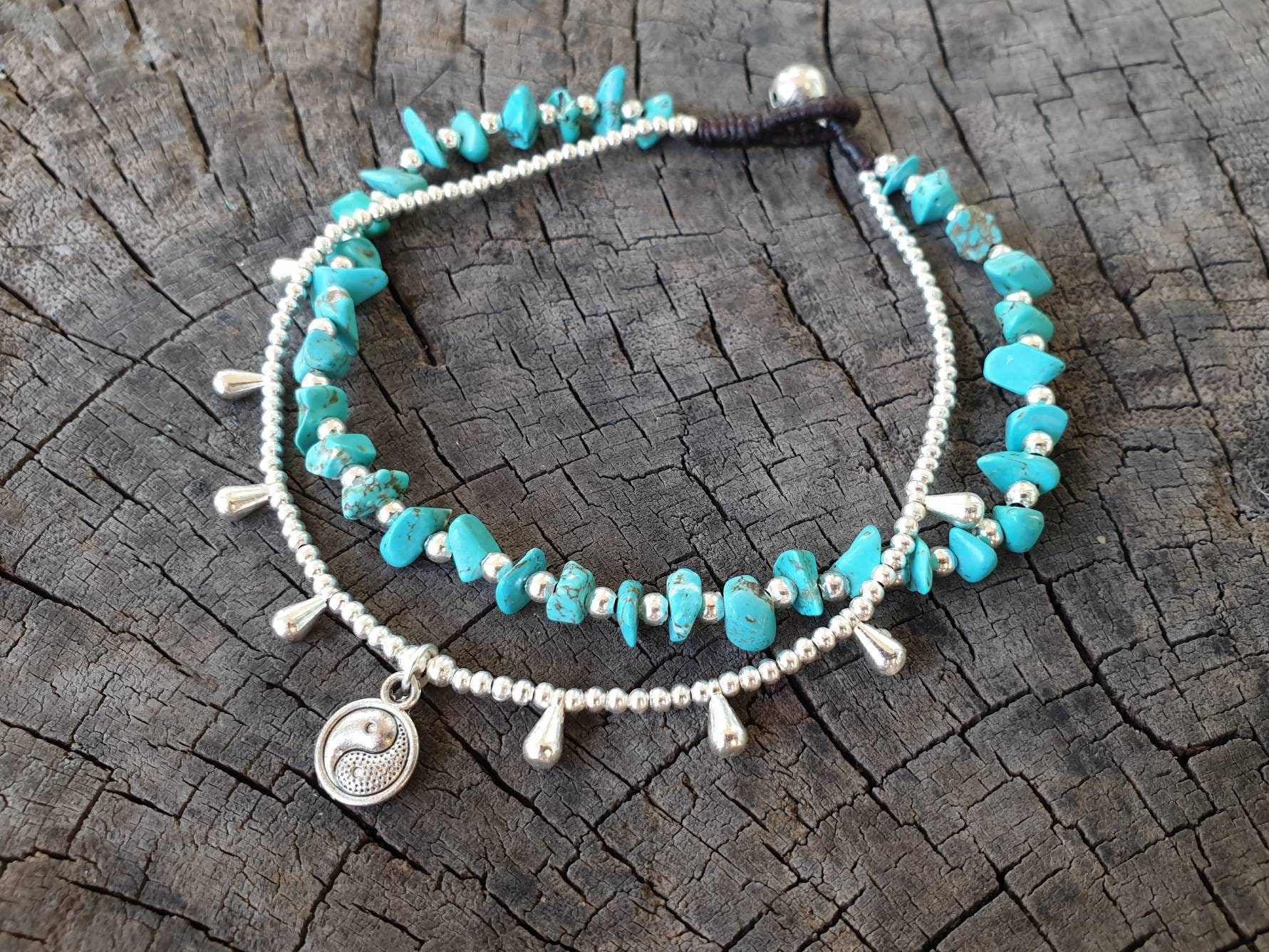 Turquoise Chip Stone Water Drop Silver Chains Women Anklet | Etsy