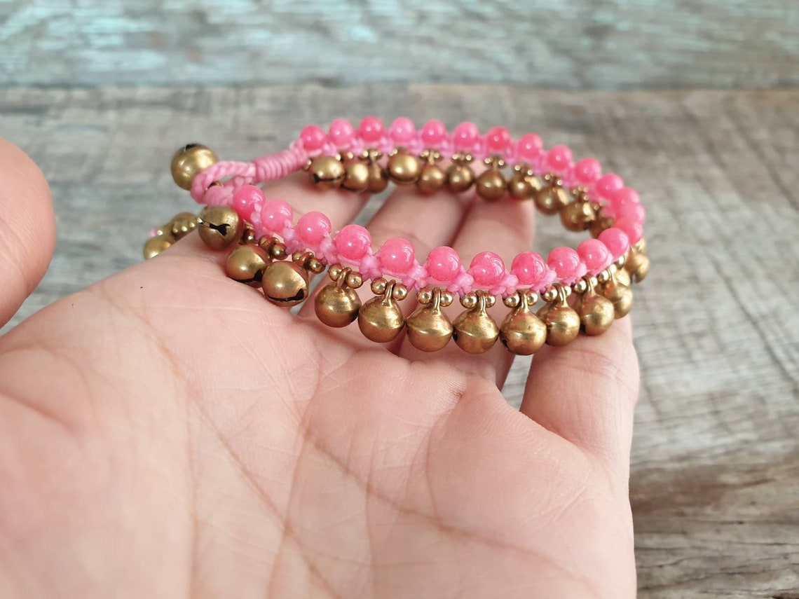 Pink Agate Beaded Brass Bells Sweet Bracelet, Girls Anklet, Sweet ...
