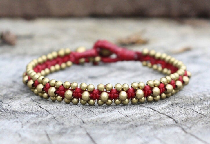Single Brass Beaded Waxed Cord Unisex Bracelet, Beaded Bracelet, Women ...