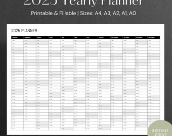 Yearly Planner 2025 New Year Calendar Simple One Page Digital Printable ...
