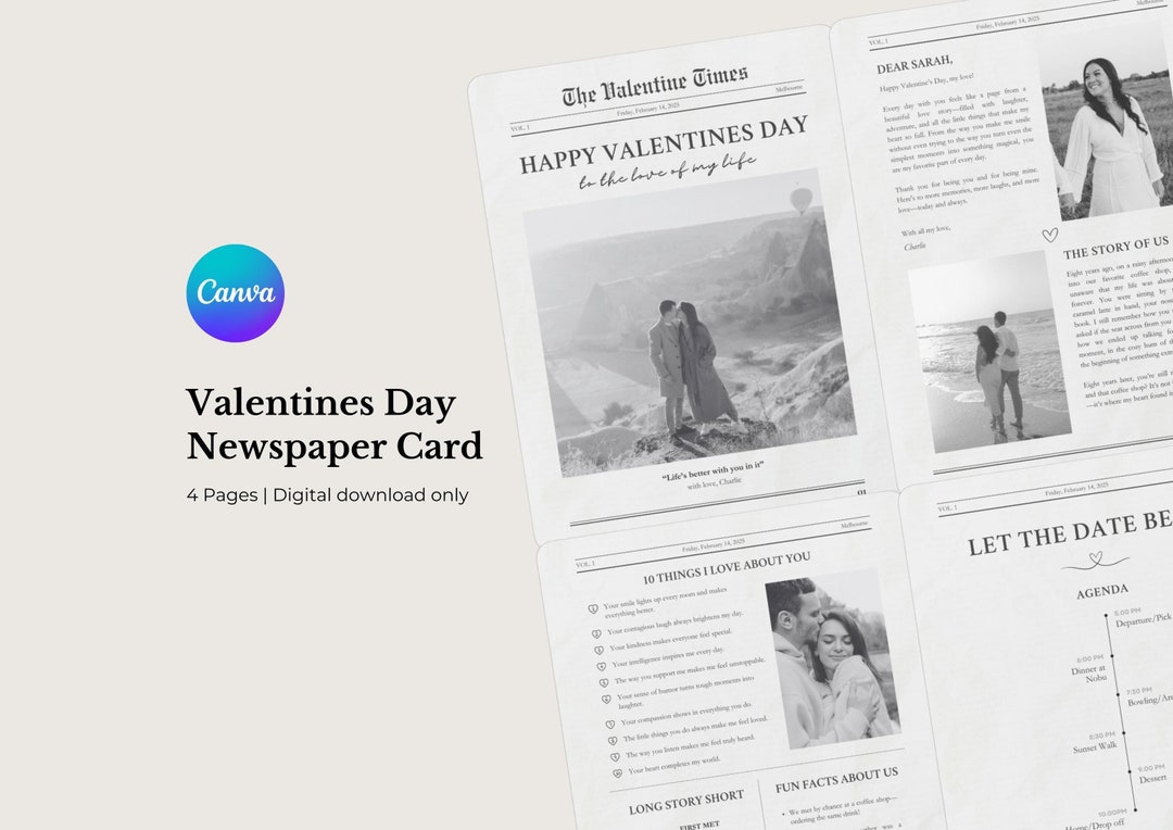Valentines Day Newspaper Canva Template Trending Paper Card Editable ...