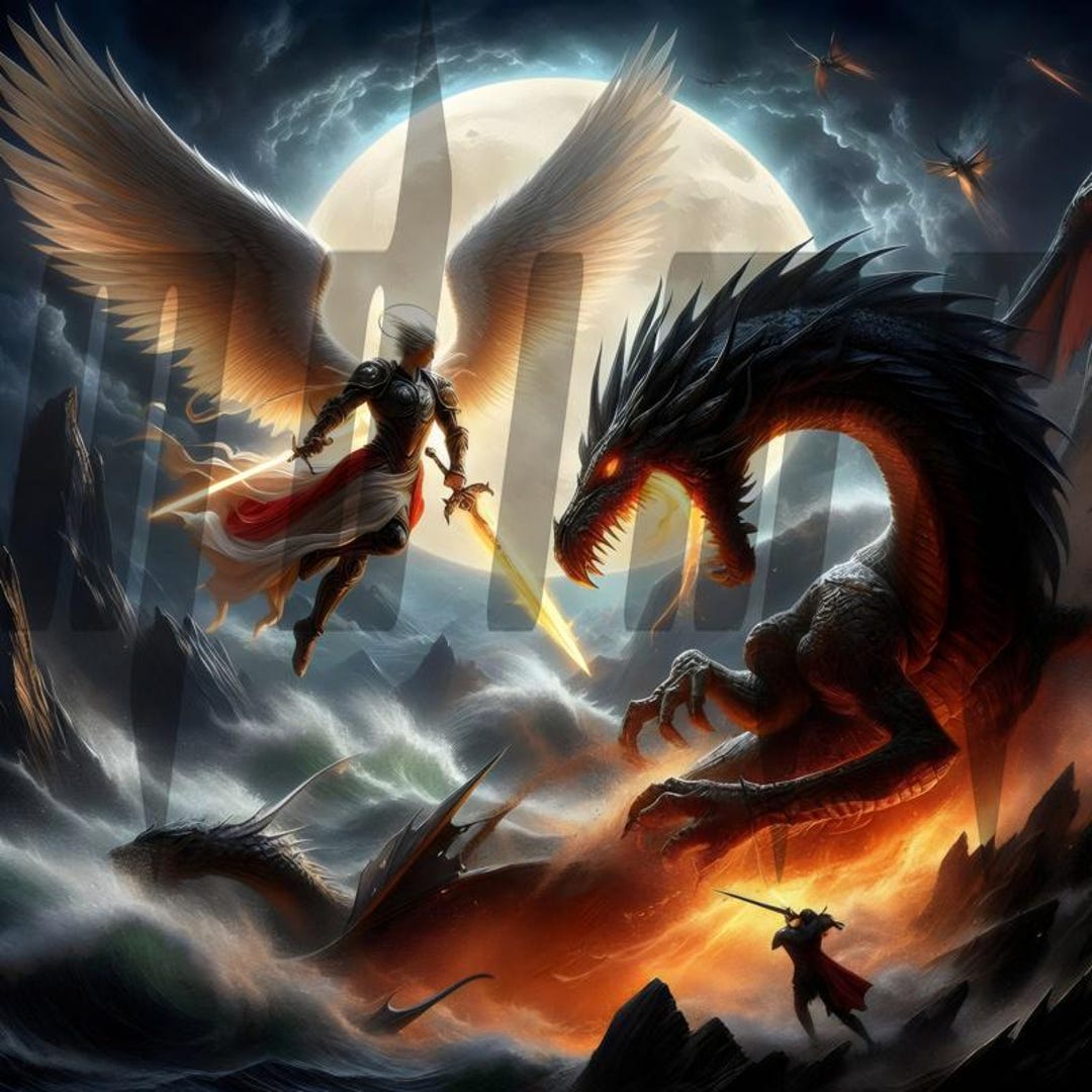 Celestial Duel: Angel Vs. Sea Dragon | Epic Fantasy Art | Moonlit ...