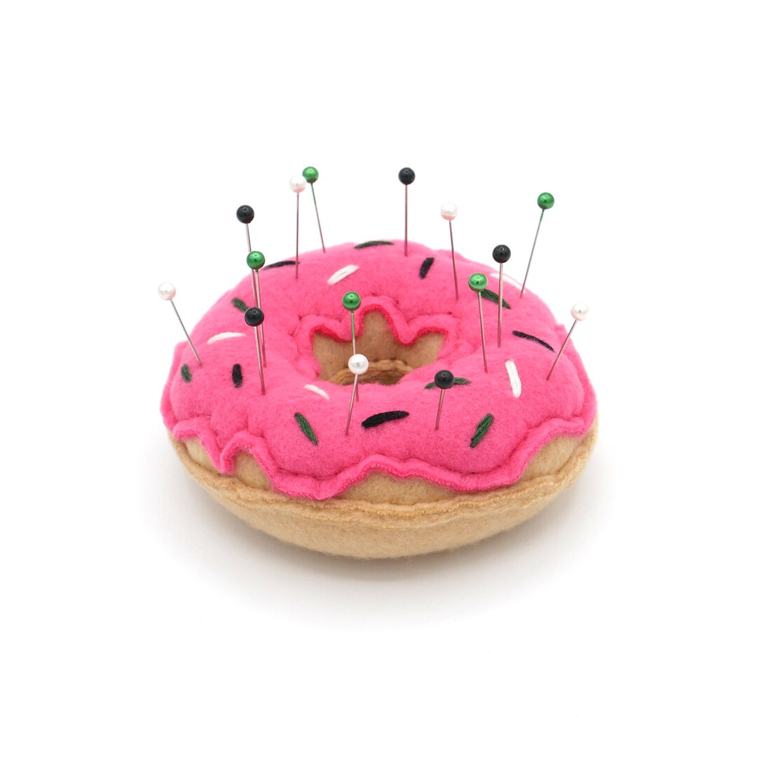 Pink Frosted Plush Doughnut Pin Cushion - Hand Stitched Stuffed Fleece ...