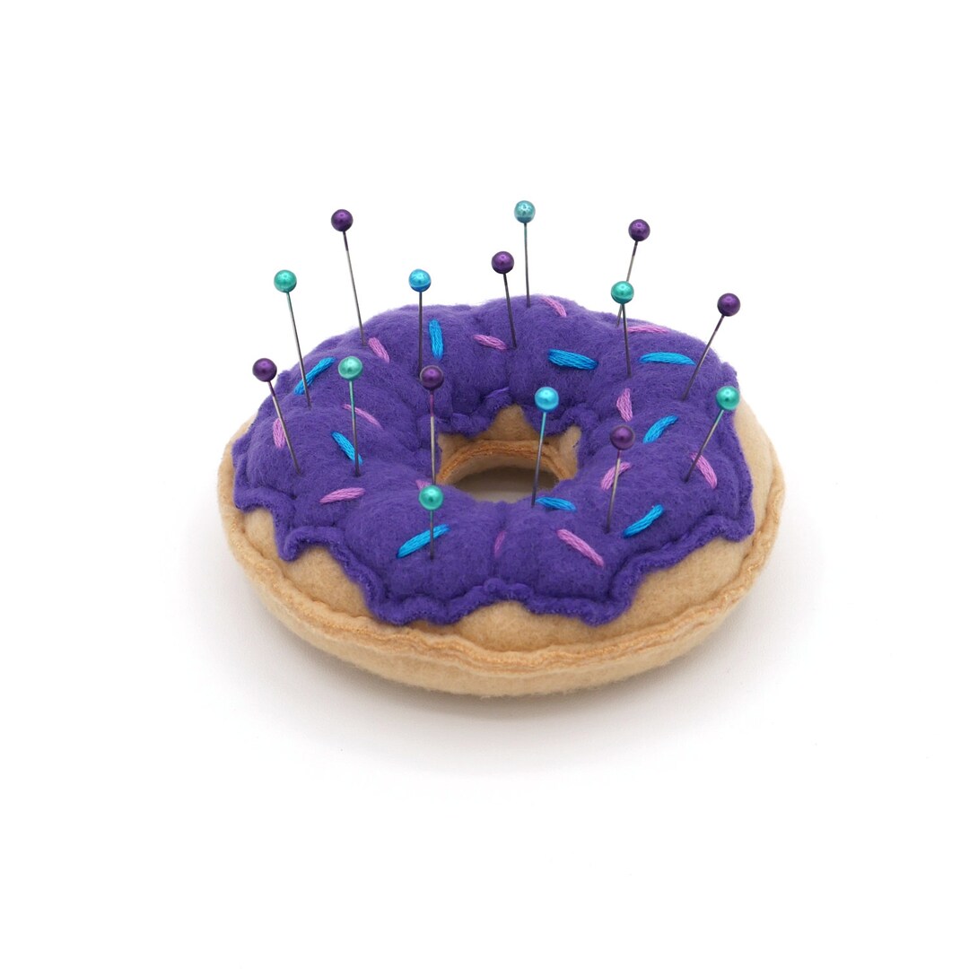 Purple Frosted Plush Doughnut Pin Cushion - Hand Stitched Stuffed ...