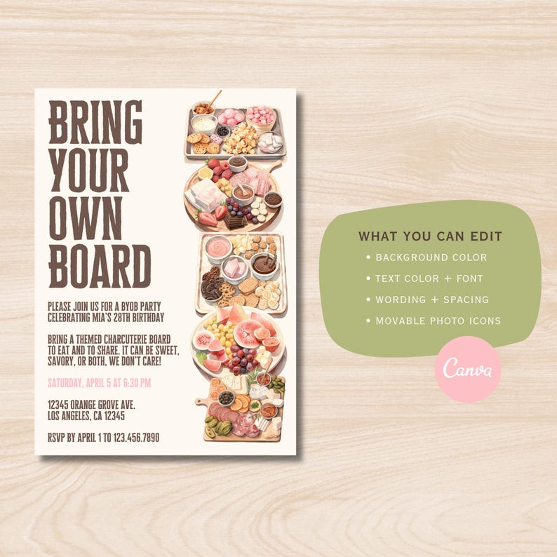 Bring Your Own Board Party Invite, Charcuterie Board Invitation, Girly ...