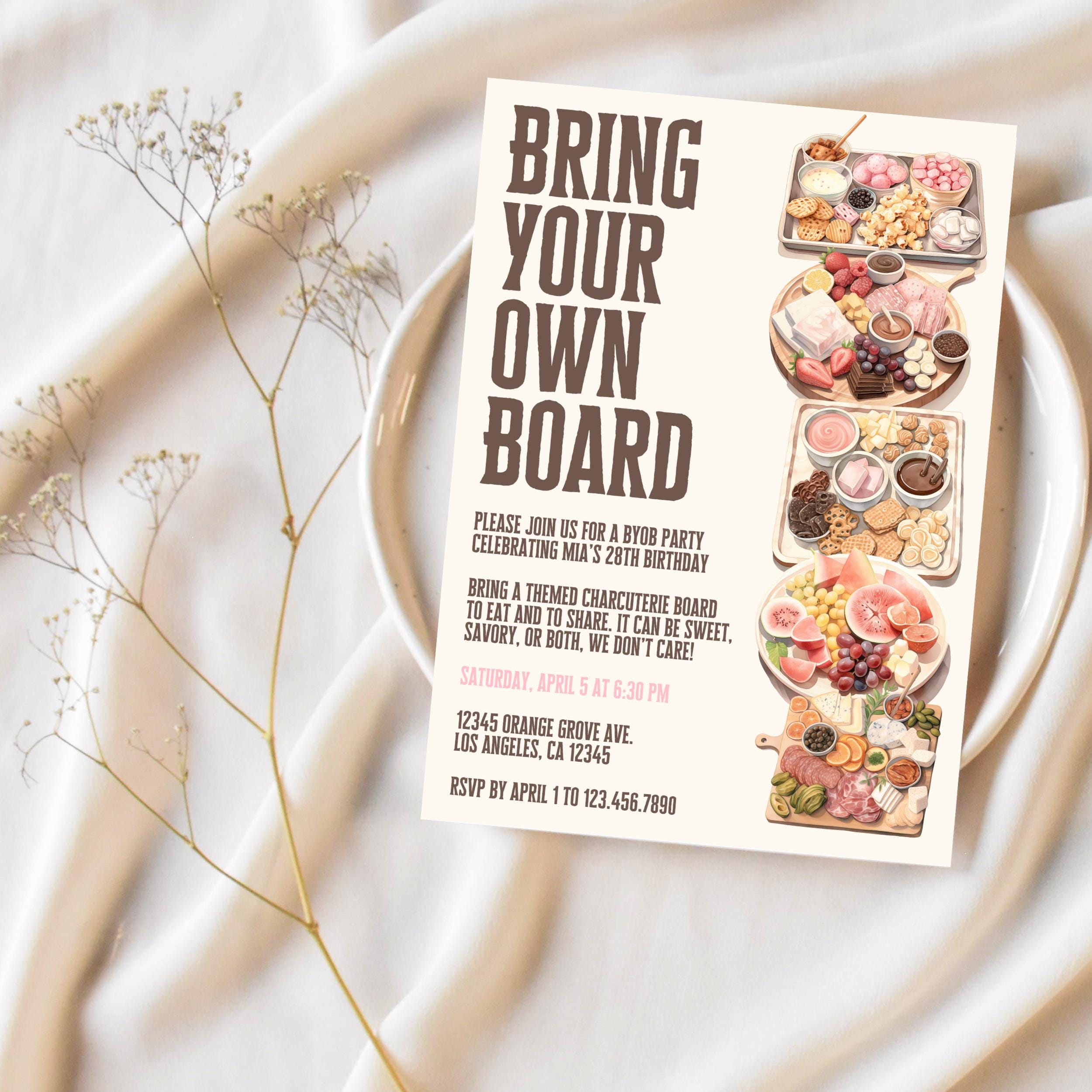 Bring Your Own Board Party Invite, Charcuterie Board Invitation, Girly ...