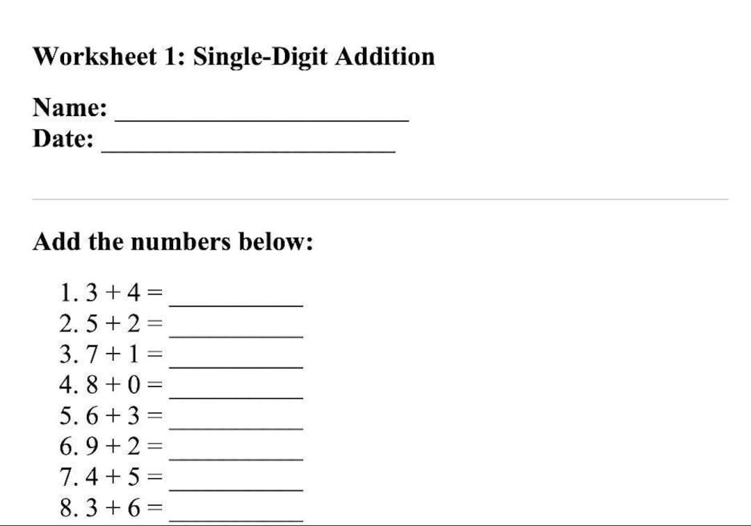 Simple Single Digit Addition Worksheets for Learning and Practice - Etsy
