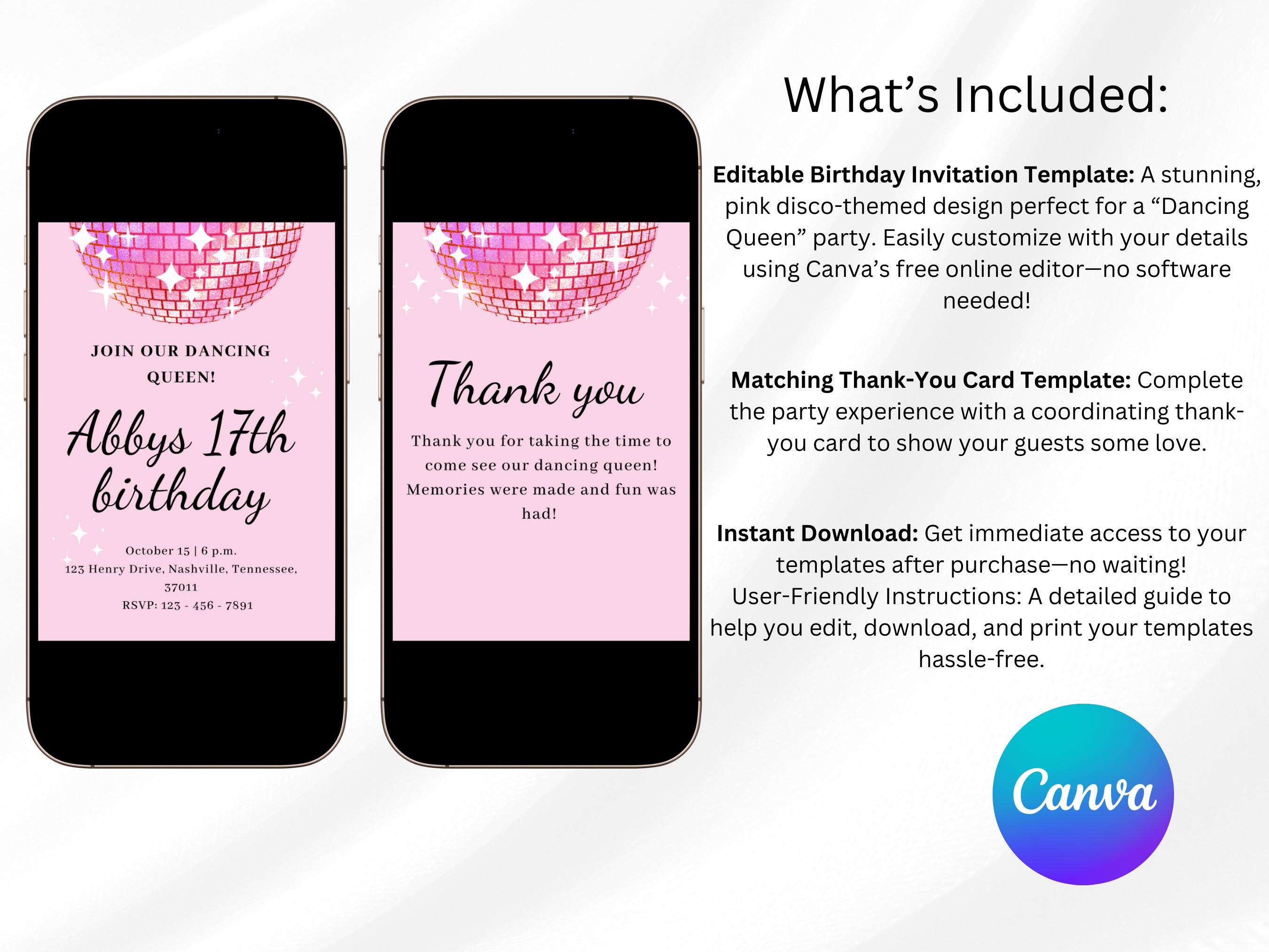 Dancing Queen Birthday Invitation Pink Disco Digital Party Invite ...
