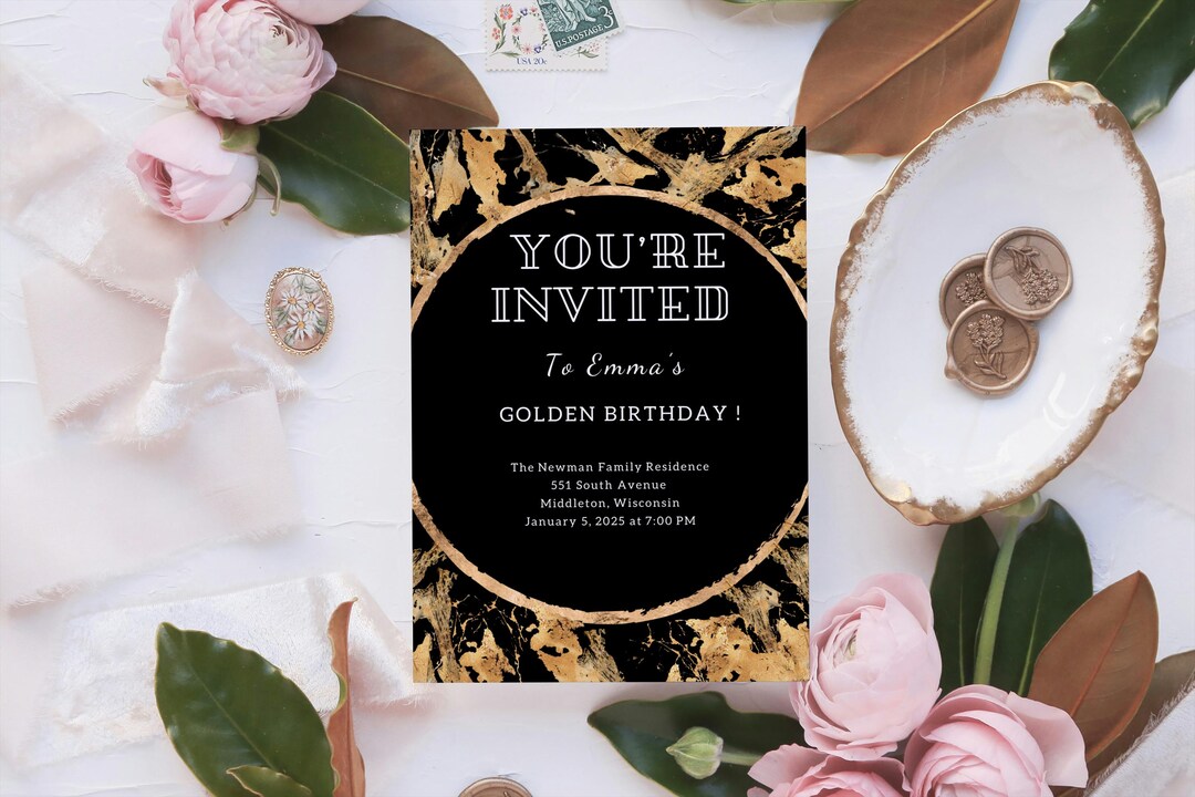 Glamorous Golden Birthday Invitation Editable Digital Template - Etsy