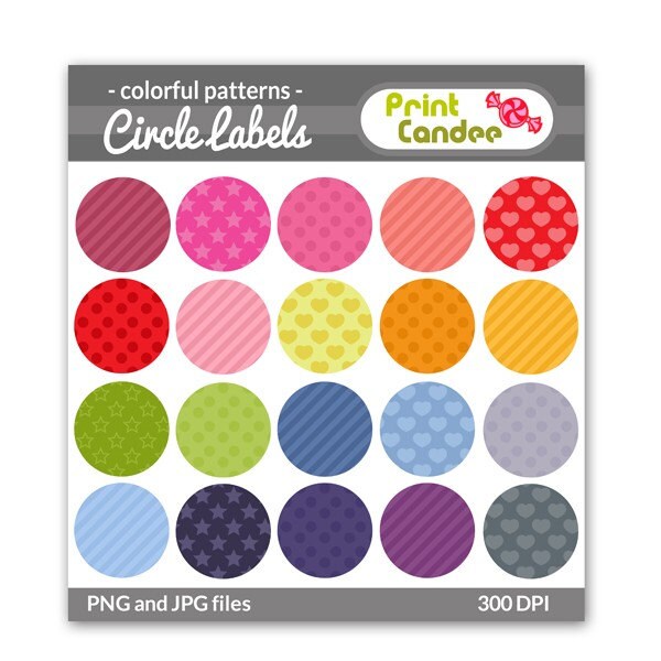 Circle Labels in Colorful Patterns set of 20 Personal and Commercial ...