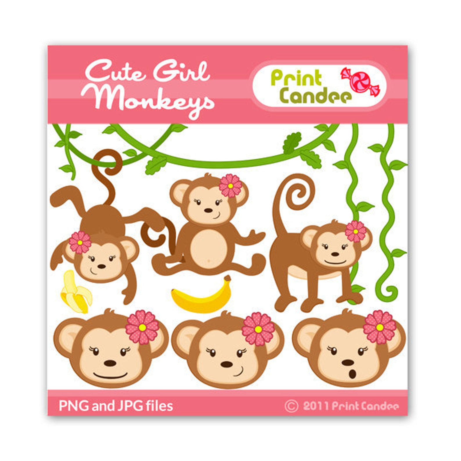 Cute Girl Monkeys - Digital Clip Art - Personal and Commercial Use ...