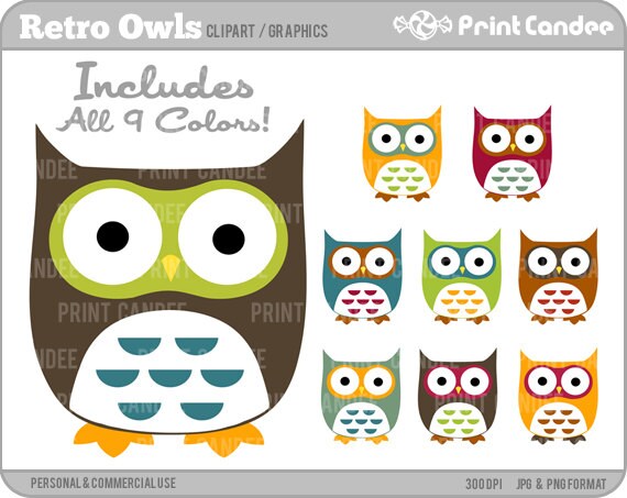 Cute Owls retro Digital Clip Art Personal and Commercial Whimsical Owls ...