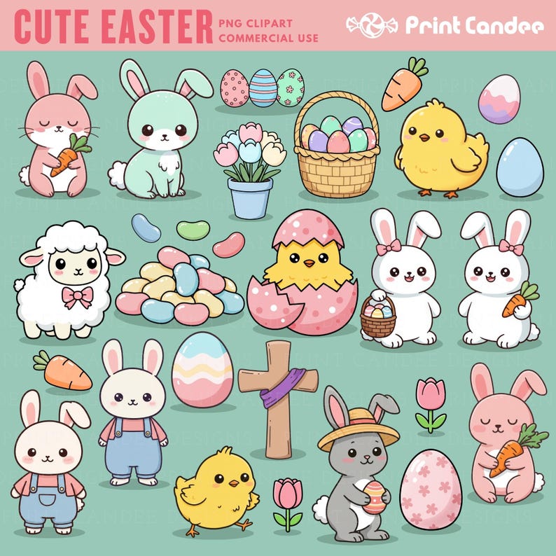 Cute Easter Clipart PNG | Kawaii Bunny, Chick & Egg Digital Download ...