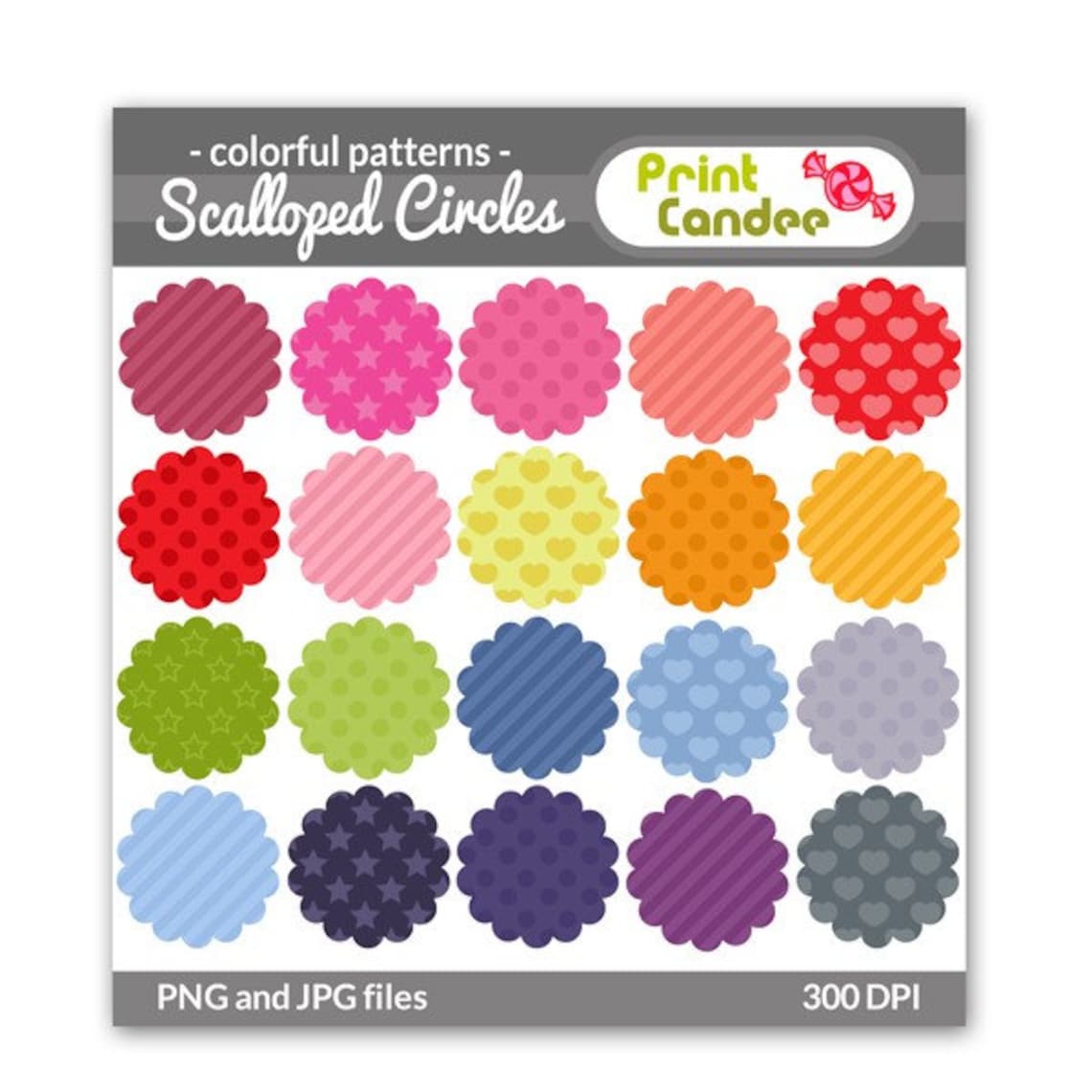 Scalloped Circles in Colorful Patterns set of 20 Personal and ...