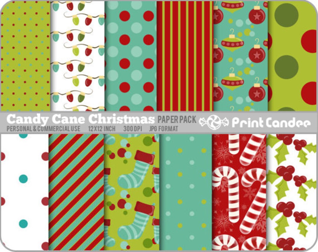 Candy Cane Christmas Paper Pack 12 Sheets Personal and Commercial Use ...