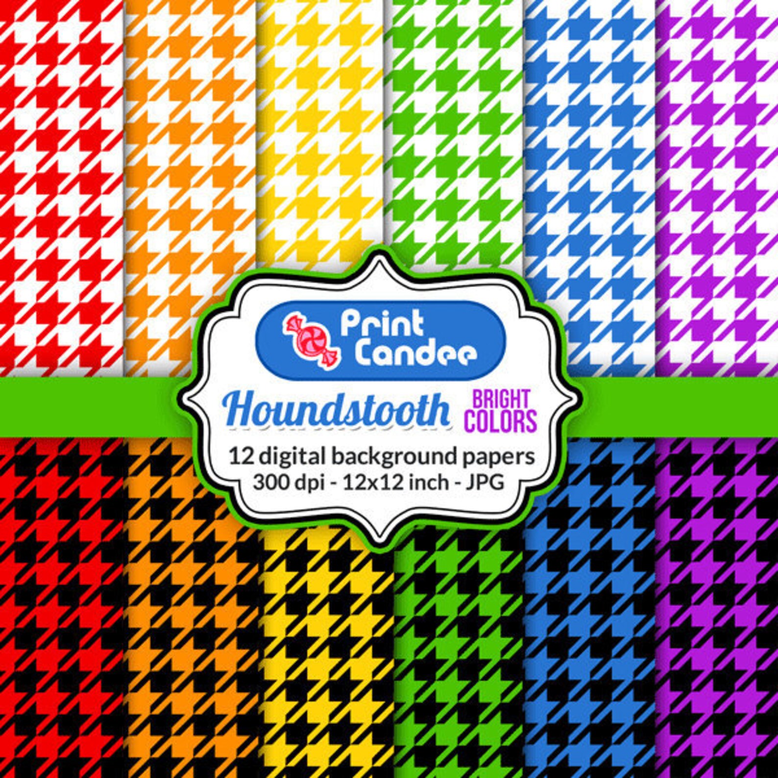 Houndstooth Paper Pack Bright Colors 12 Sheets Personal & Commercial ...