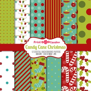Candy Cane Christmas Paper Pack 12 Sheets Personal and Commercial Use ...