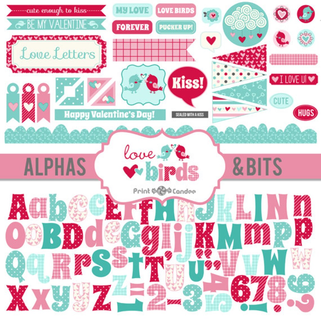 Love Birds Alphas & Bits Digital Clip Art Turquoise Pink Red Birds Love ...