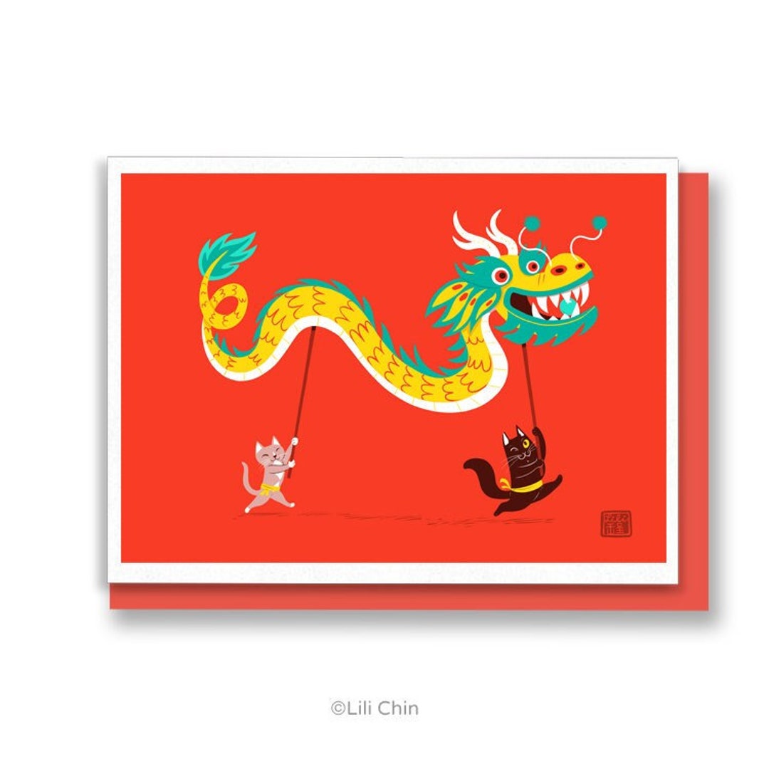 Lunar New Year Card Year of the Dragon Dragon Dance With Cats - Etsy