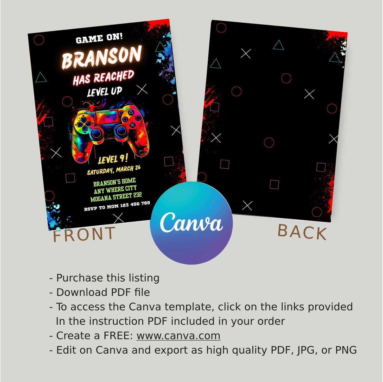 Gaming Theme Invitation, Neon Birthday Party, Invitation Template ...