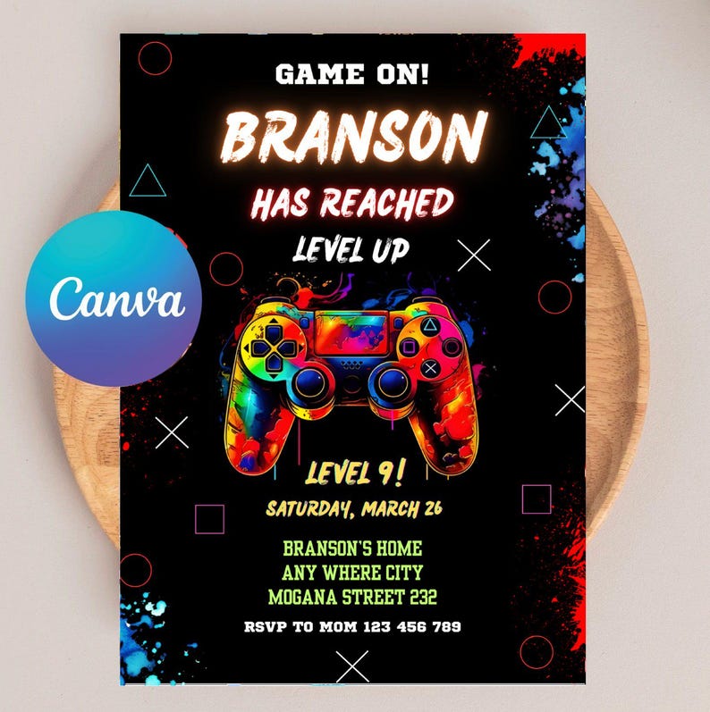 Gaming Theme Invitation, Neon Birthday Party, Invitation Template ...