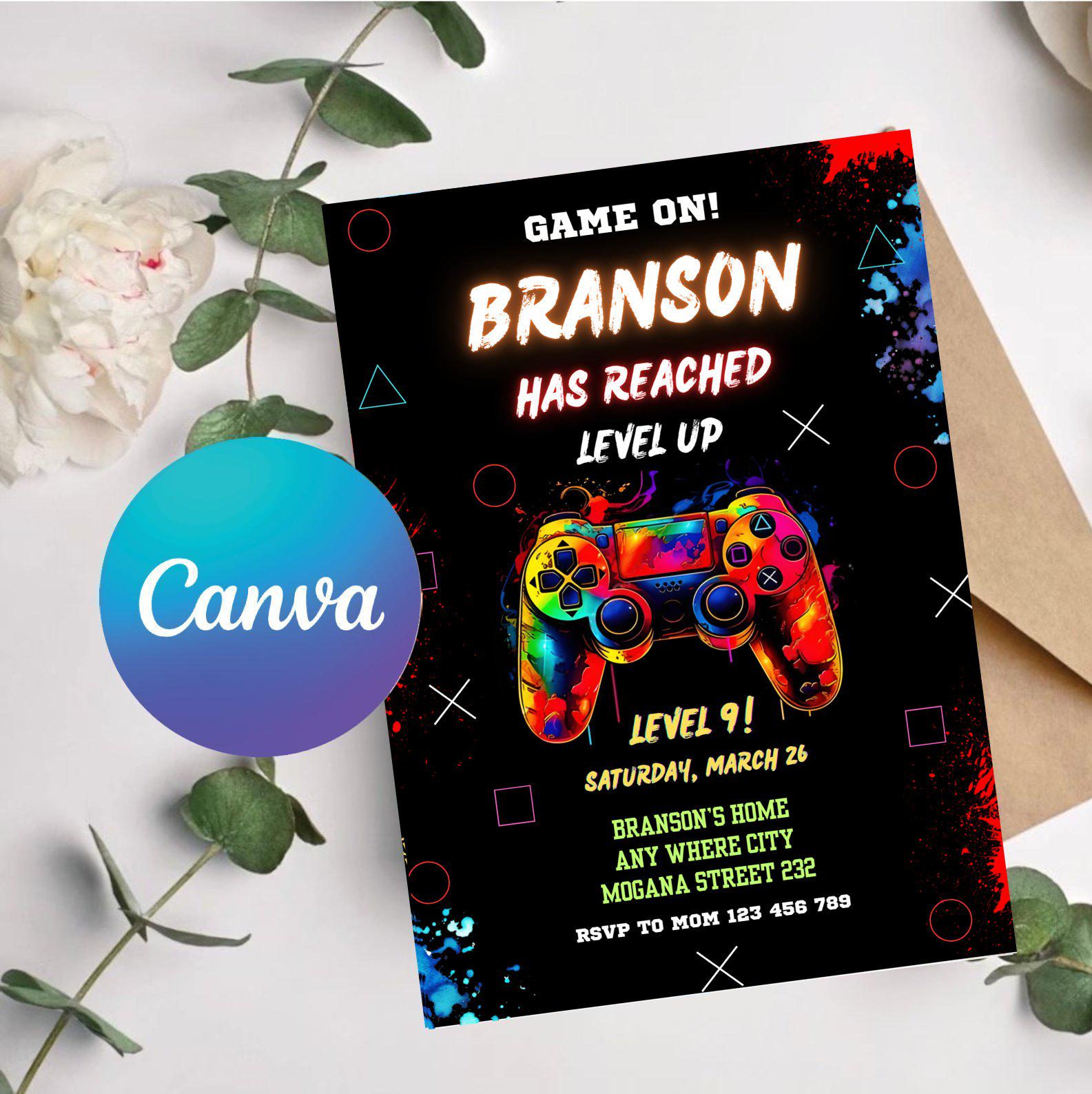Gaming Theme Invitation, Neon Birthday Party, Invitation Template ...