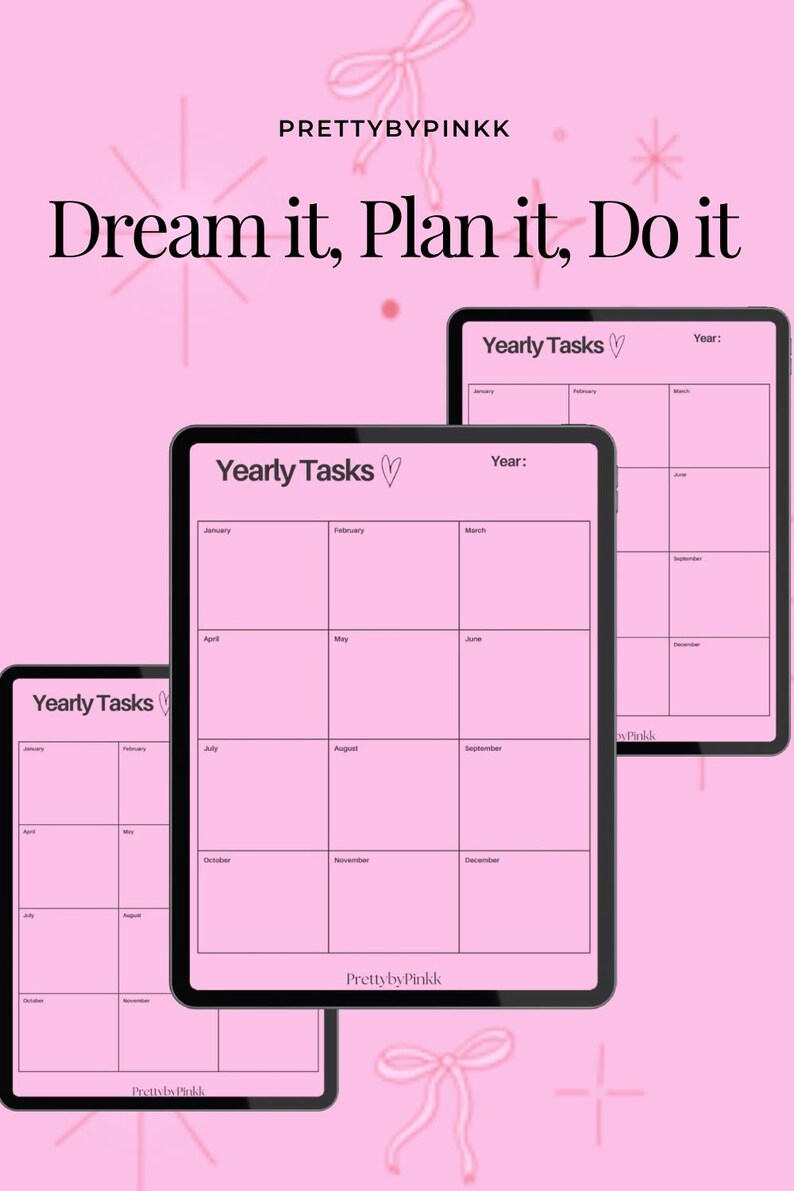 Yearly Task Planner Printable – Pink Aesthetic One Page Goal Tracker ...