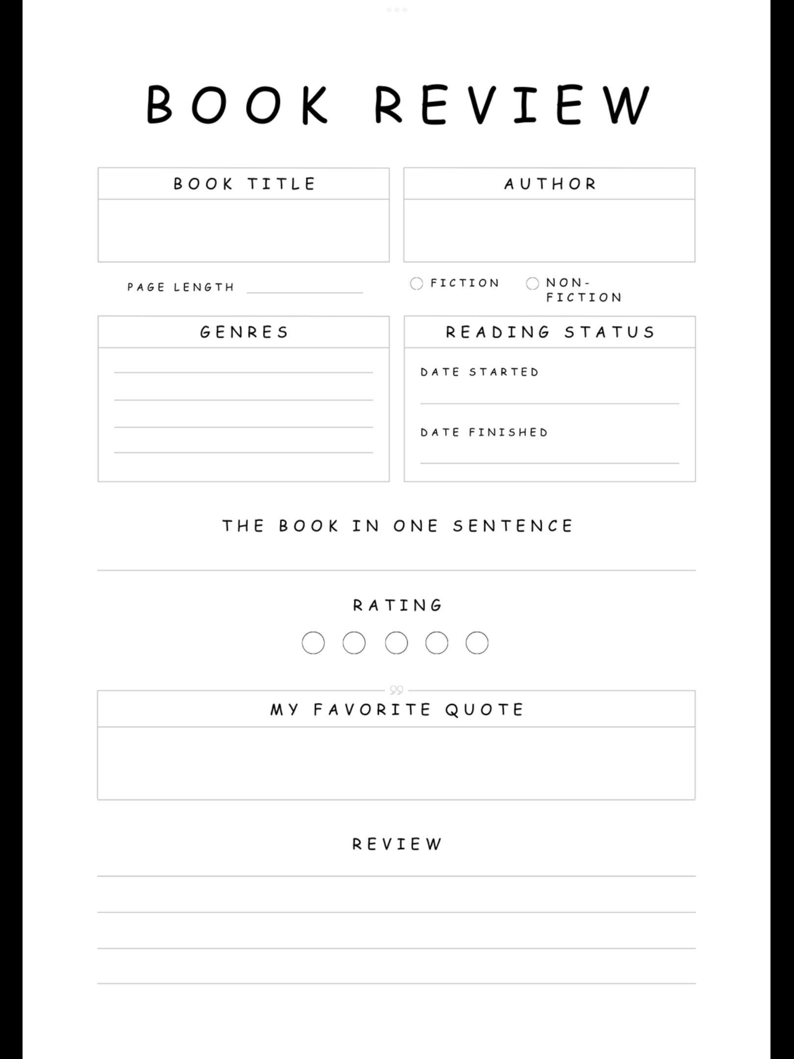Printable Book Review Template| Reading Log| Digital Download - Etsy