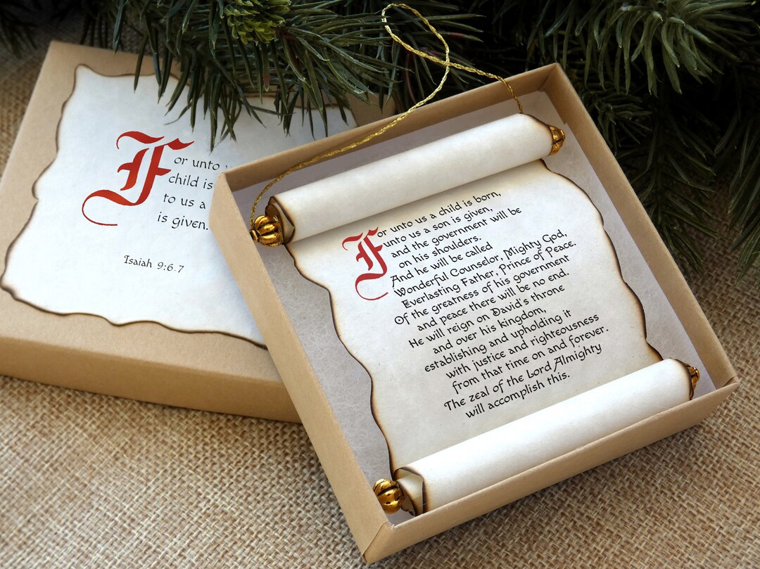 Unto Us a Child is Born Bible Scroll Ornament Drop Cap Christian Jesus ...