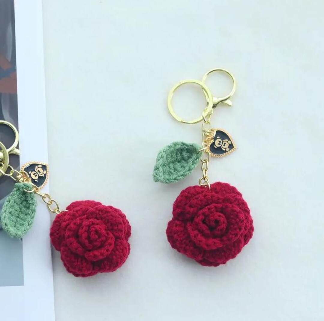 Vintage Handcrafted Crochet Red Rose Keychain, Green Leaf and Heart ...