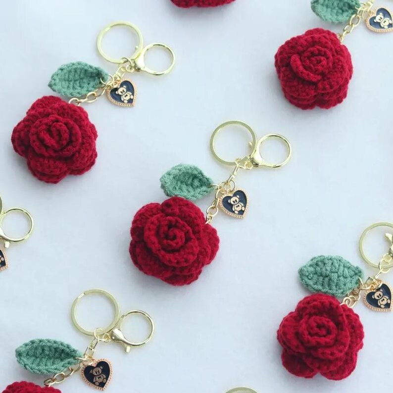 Vintage Handcrafted Crochet Red Rose Keychain, Green Leaf and Heart ...