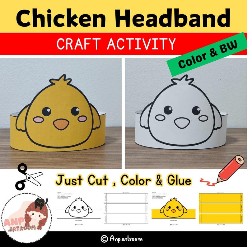 Chicken Headband - Animal Paper Hat & Crown - DIY Coloring Activity ...
