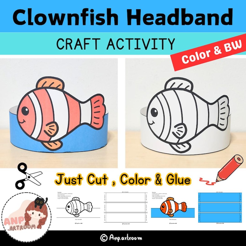 Clownfish Headband - Animal Paper Hat & Crown - DIY Coloring Activity ...
