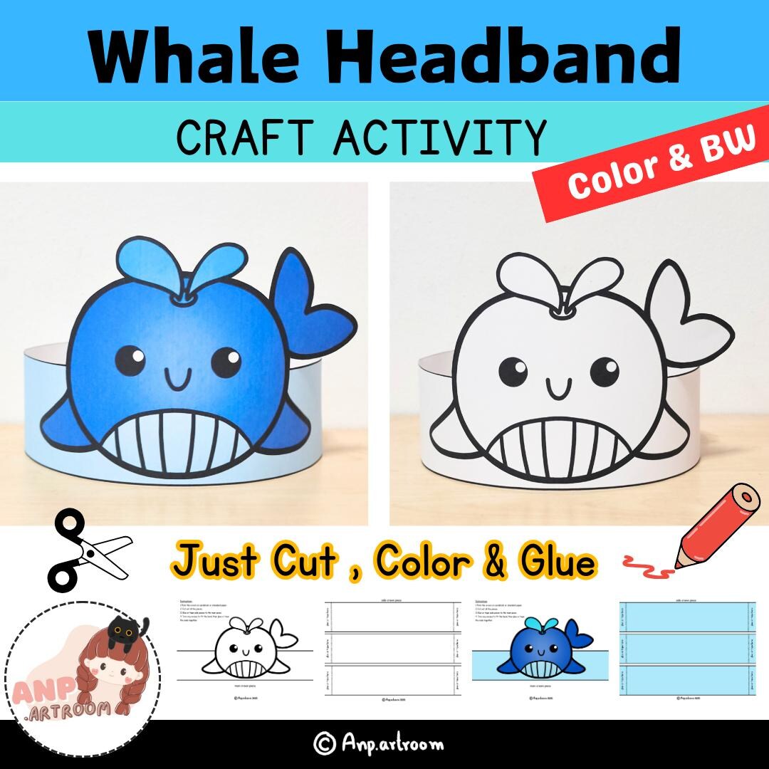 Whale Headband - Animal Paper Hat & Crown - DIY Coloring Activity ...