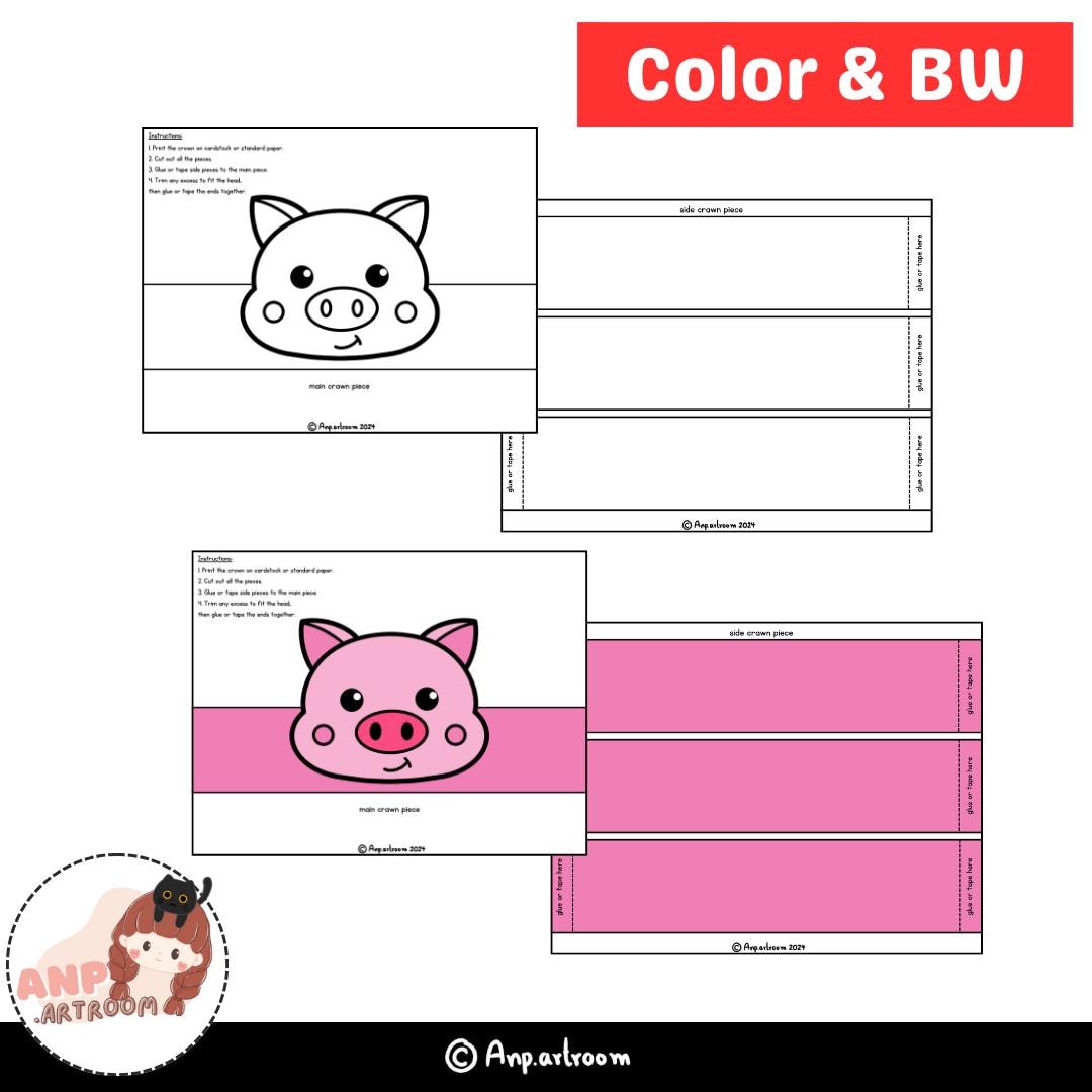 Pig Headband - Animal Paper Hat & Crown - DIY Coloring Activity Costume ...