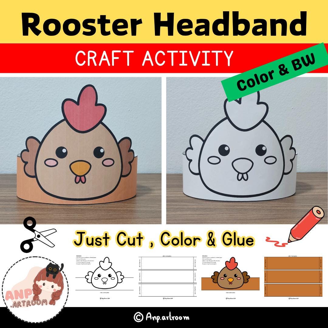 Rooster Headband - Animal Paper Hat & Crown - DIY Coloring Activity ...
