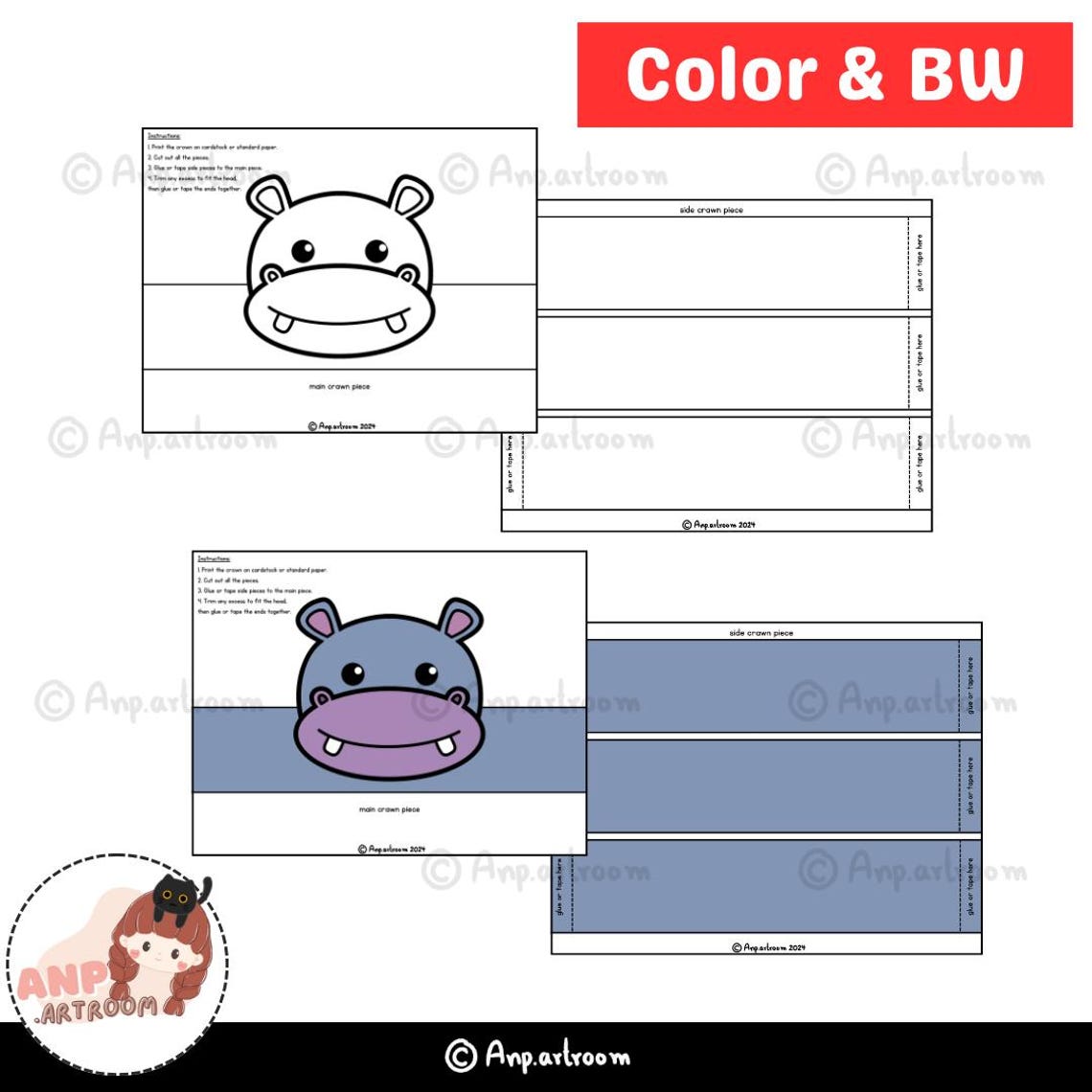 Hippopotamus Headband - Animal Paper Hat & Crown - DIY Coloring ...