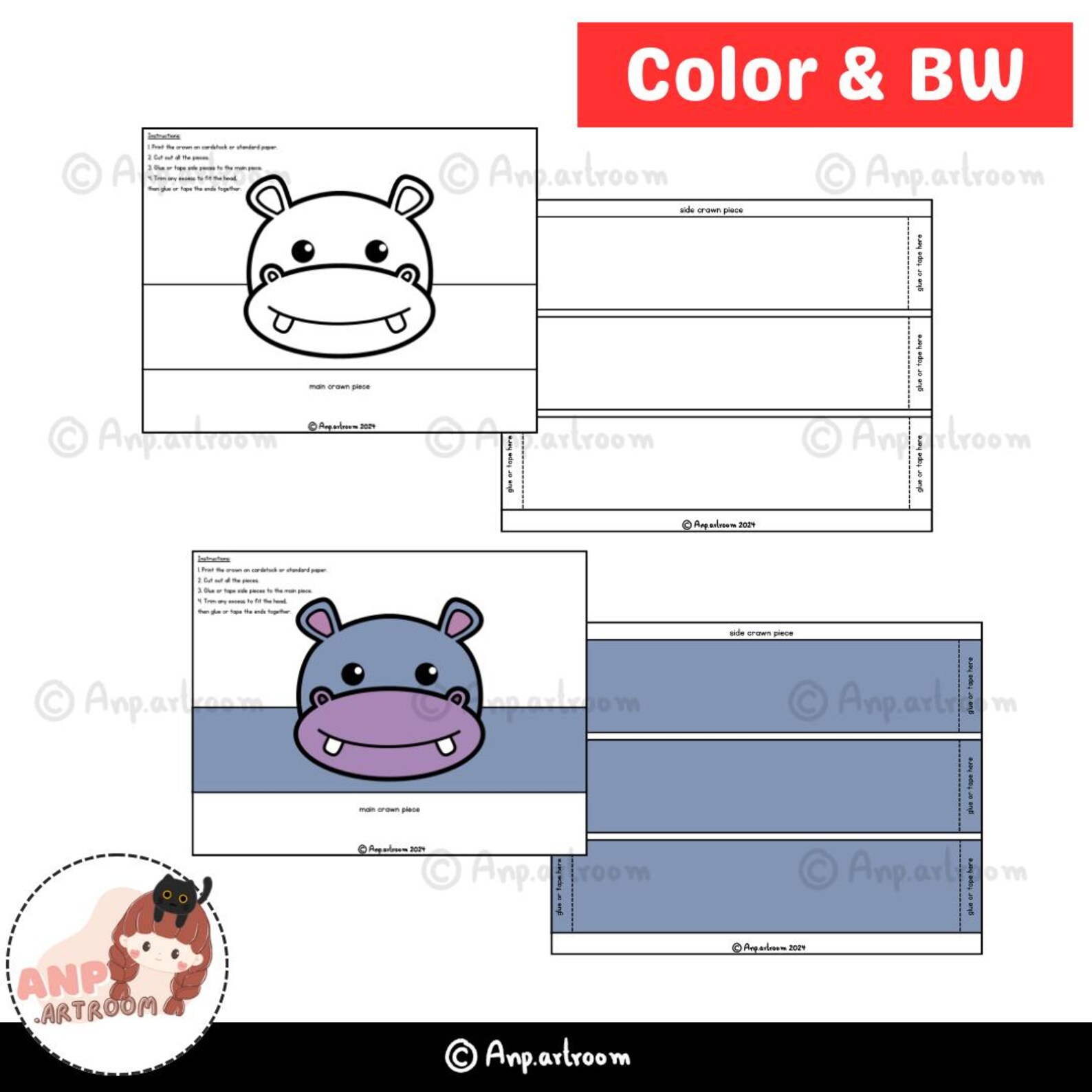 Hippopotamus Headband - Animal Paper Hat & Crown - DIY Coloring ...