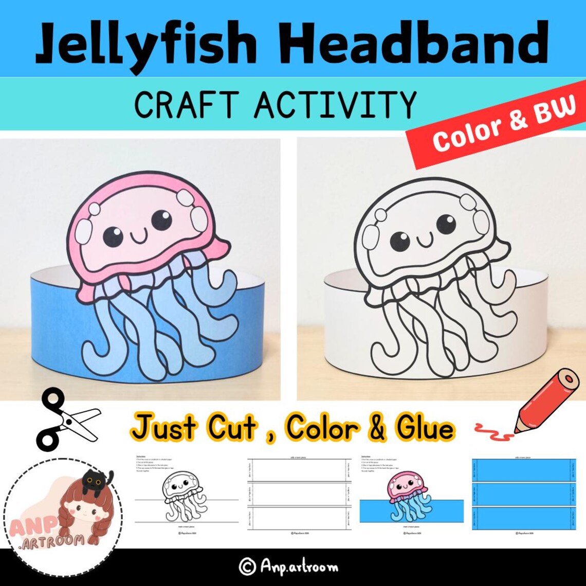 Jellyfish Headband - Animal Paper Hat & Crown - DIY Coloring Activity ...