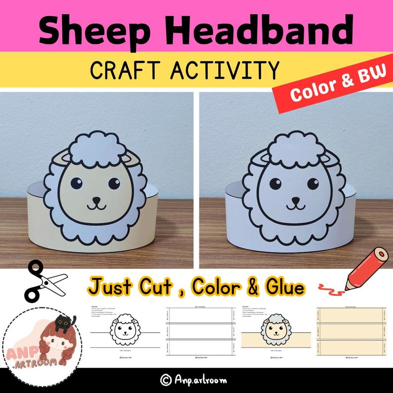 Sheep Headband - Animal Paper Hat & Crown - DIY Coloring Activity ...