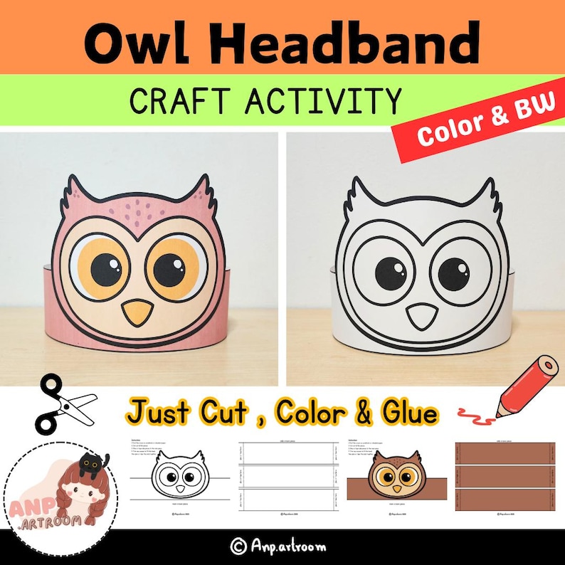 Owl Headband - Animal Paper Hat & Crown - DIY Coloring Activity Costume ...