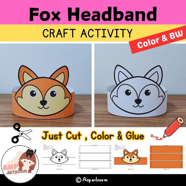 Fox Headband - Animal Paper Hat & Crown - DIY Coloring Activity Costume ...