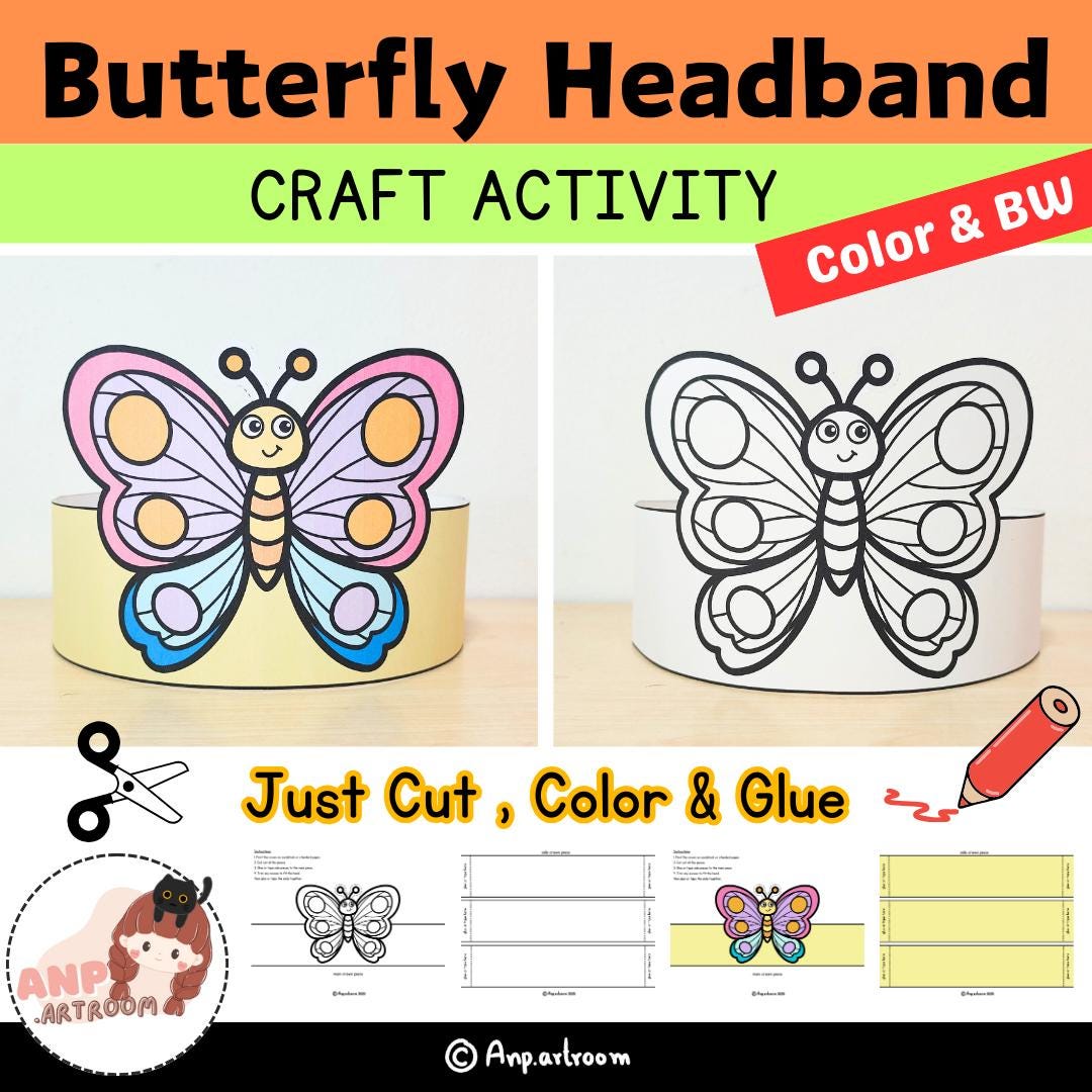Butterfly Headband - Animal Paper Hat & Crown - DIY Coloring Activity ...