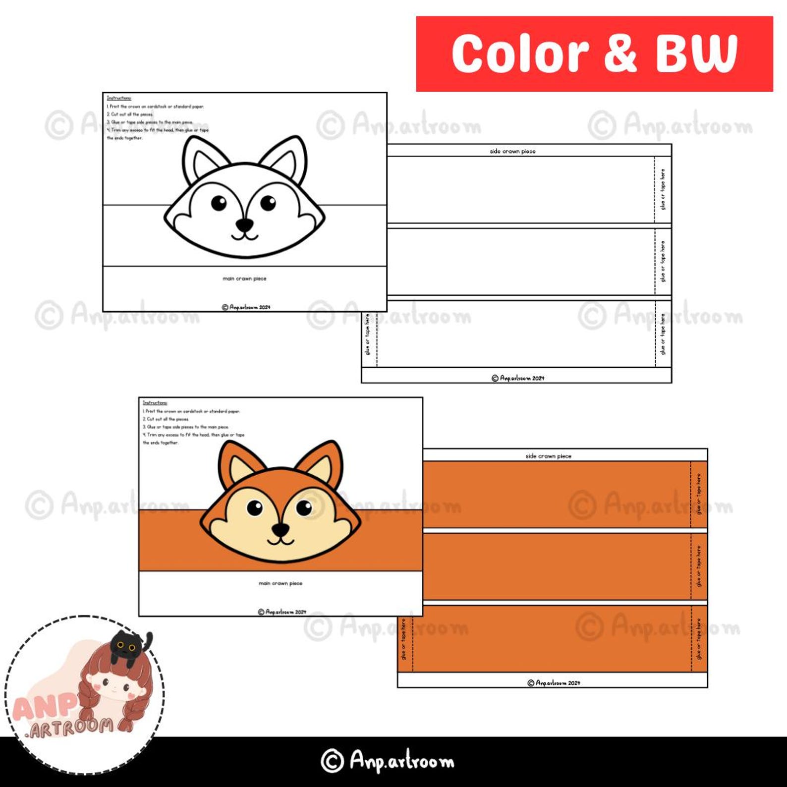 Fox Headband - Animal Paper Hat & Crown - DIY Coloring Activity Costume ...