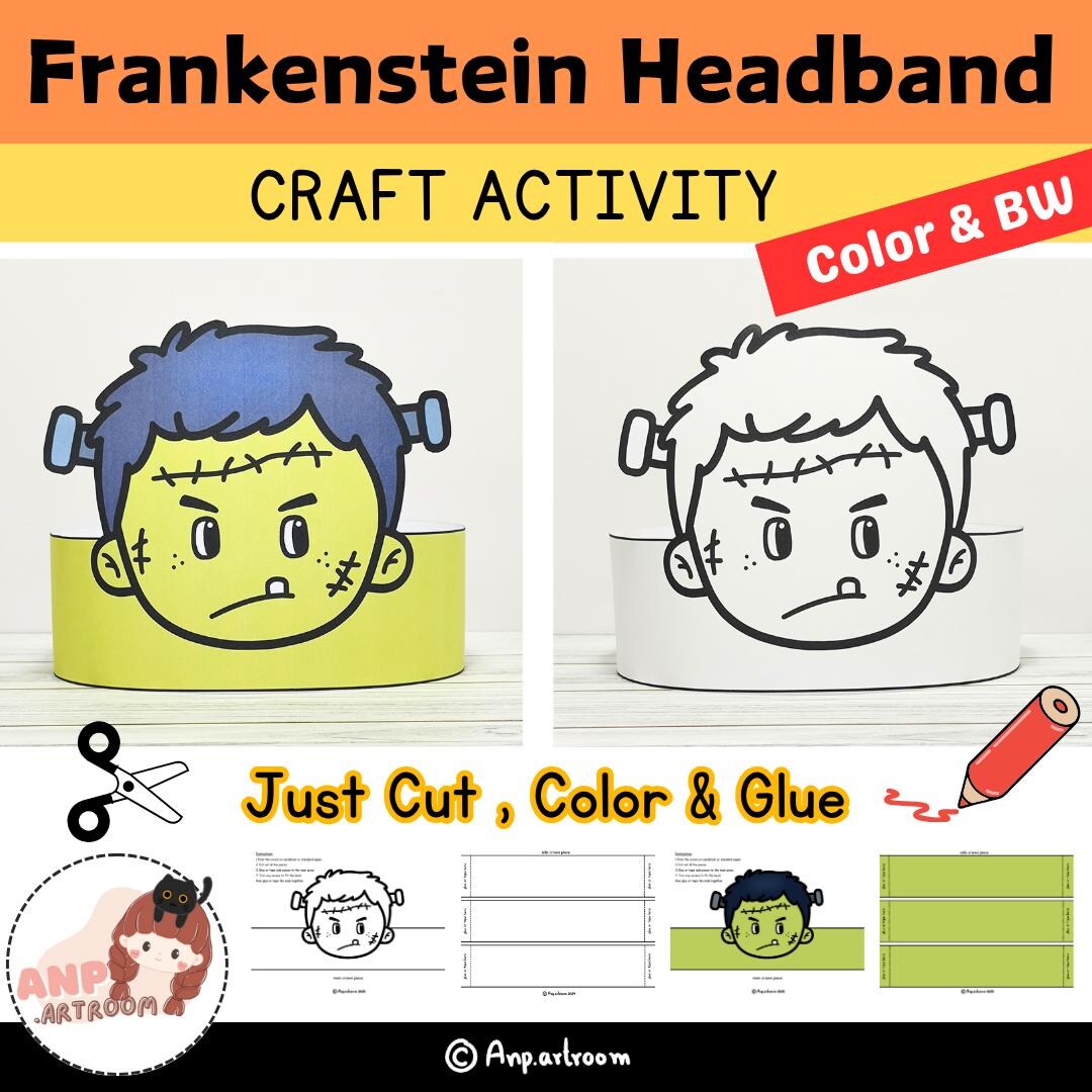 Frankenstein Headband Craft Halloween Paper Hat - DIY Coloring Activity ...