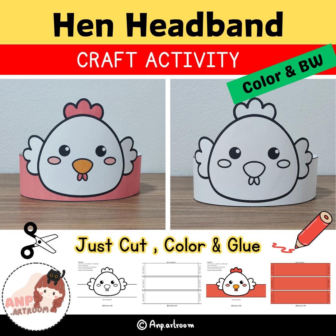Hen Headband - Animal Paper Hat & Crown - DIY Coloring Activity Costume ...